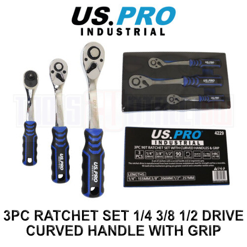 US PRO INDUSTRIAL 3pc 90t Ratchet Set 1/4 3/8 1/2 Drives Curved Handle ...