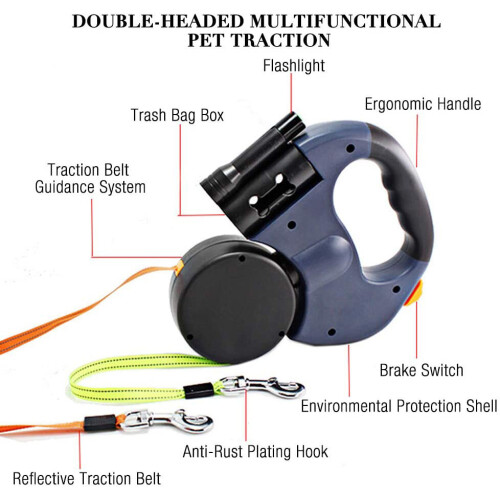 Double Retractable Dog Lead 360°No Tangle Retractable Pet Leash w/ LED ...