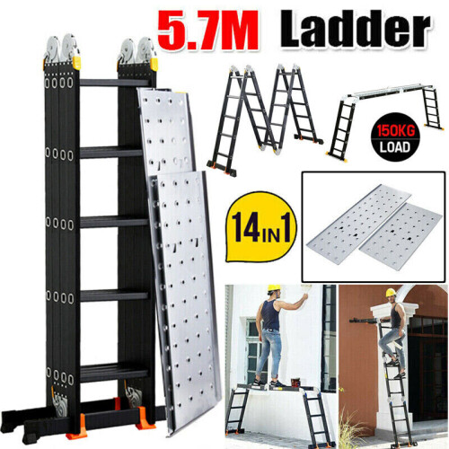 5.7M Aluminium Folding Ladder Multi Purpose W/ Platform Locking Steps ...