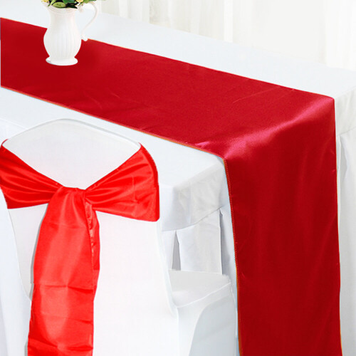 (Red, 50 Sashes + 5 Runners) Satin Chair Cover Sashes Bow + Satin Table ...