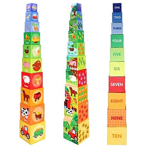 SOKA 10pcs Farm Animals Stacking Cubes Balancing Building Farm Animal ...
