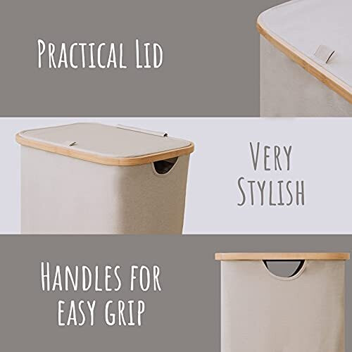 Lonbet - Beige Laundry Baskets with Lid - XXL 100 Litres - Large ...