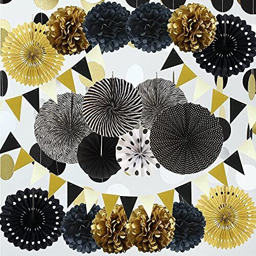 Cojoy Black and Gold Party Decoration Set, 21 pcs Hanging Paper Fans ...