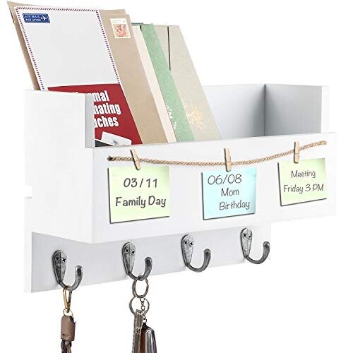 Vencipo Wood Wall Mounted 4 Key Holder Hooks with Memo Clips, White ...