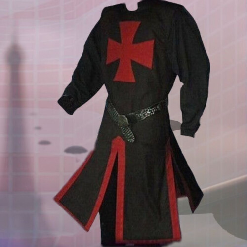 (Black, L) Crusader Knight Medieval Templar Surcoat Long Sleeve Outfit ...