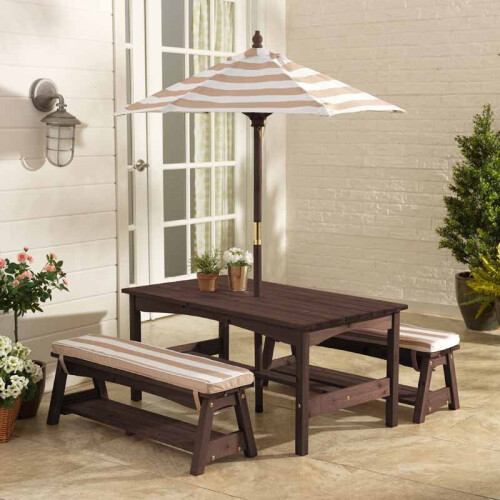 Outdoor Table & Bench Set with Cushions & Umbrella - Oatmeal & White ...