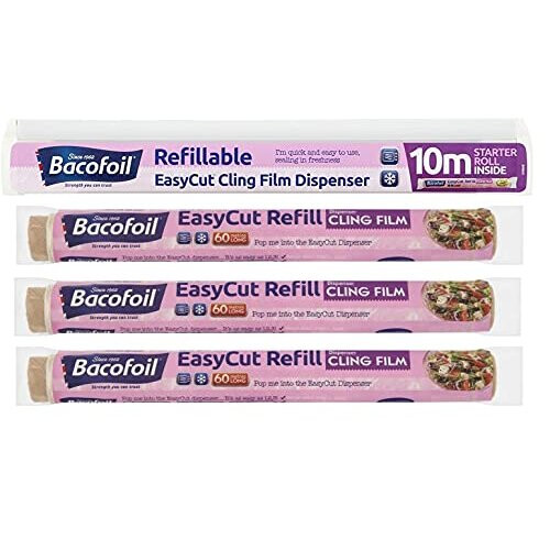Bacofoil Easycut Cling Film Dispenser - 10m + 3x60m Refills, 190m Total ...