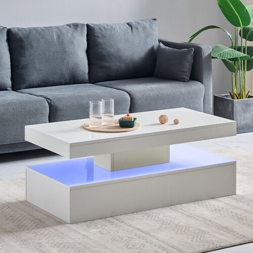 Coffee Table LED High Gloss White Rectangle Cocktail Table on OnBuy