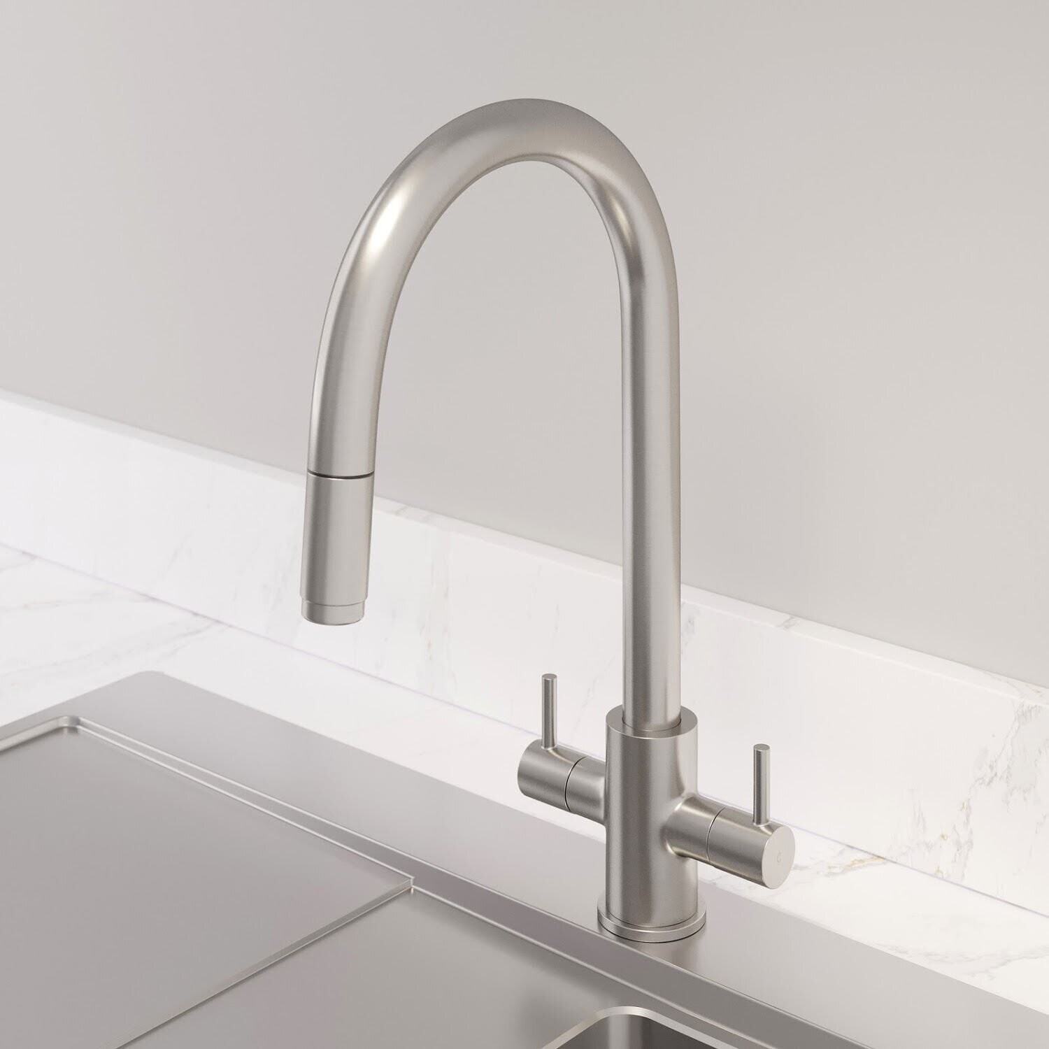 Modern Kitchen Tap Double Lever Pull out Spray Brushed Finish Hot and ...