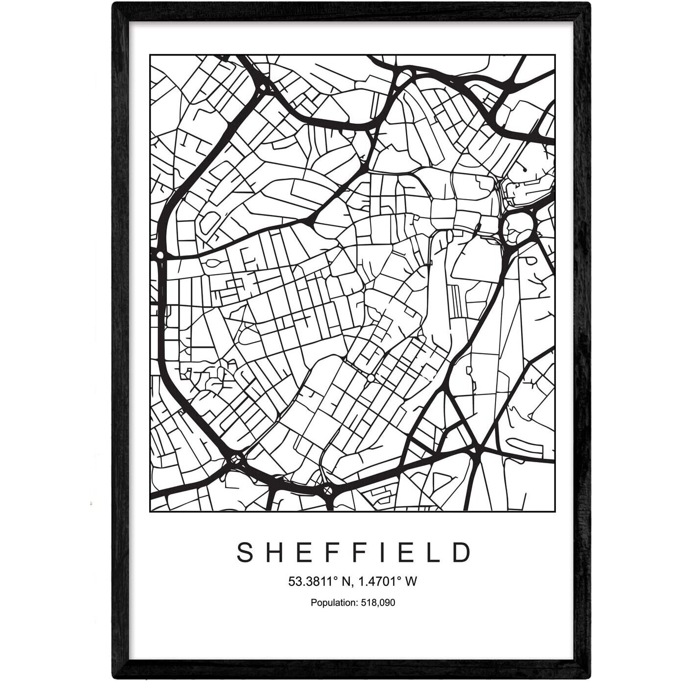 Sheet Sheffield city map Nordic style black and white. A3 size poster ...