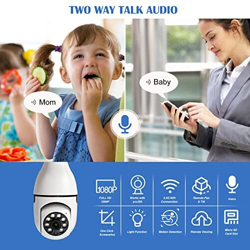 Light Bulb Security Camera 1080P, 360 Degree Rotate Auto Tracking ...