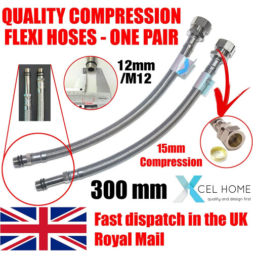 Xcel Home™ 2 x 300mm M12 x 15mm Compression Monobloc Tap Connectors Kitchen Basin Flexi Pipes on ...