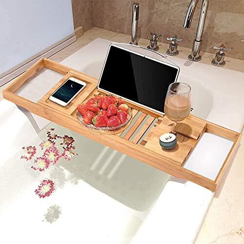 Extendable Bamboo Bath Tray Shelf Bathroom Shower Tub Caddy Book ...