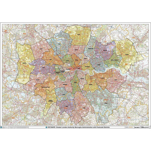 Greater London Authority Boroughs with Postcode Districts Wall Map - 47 ...
