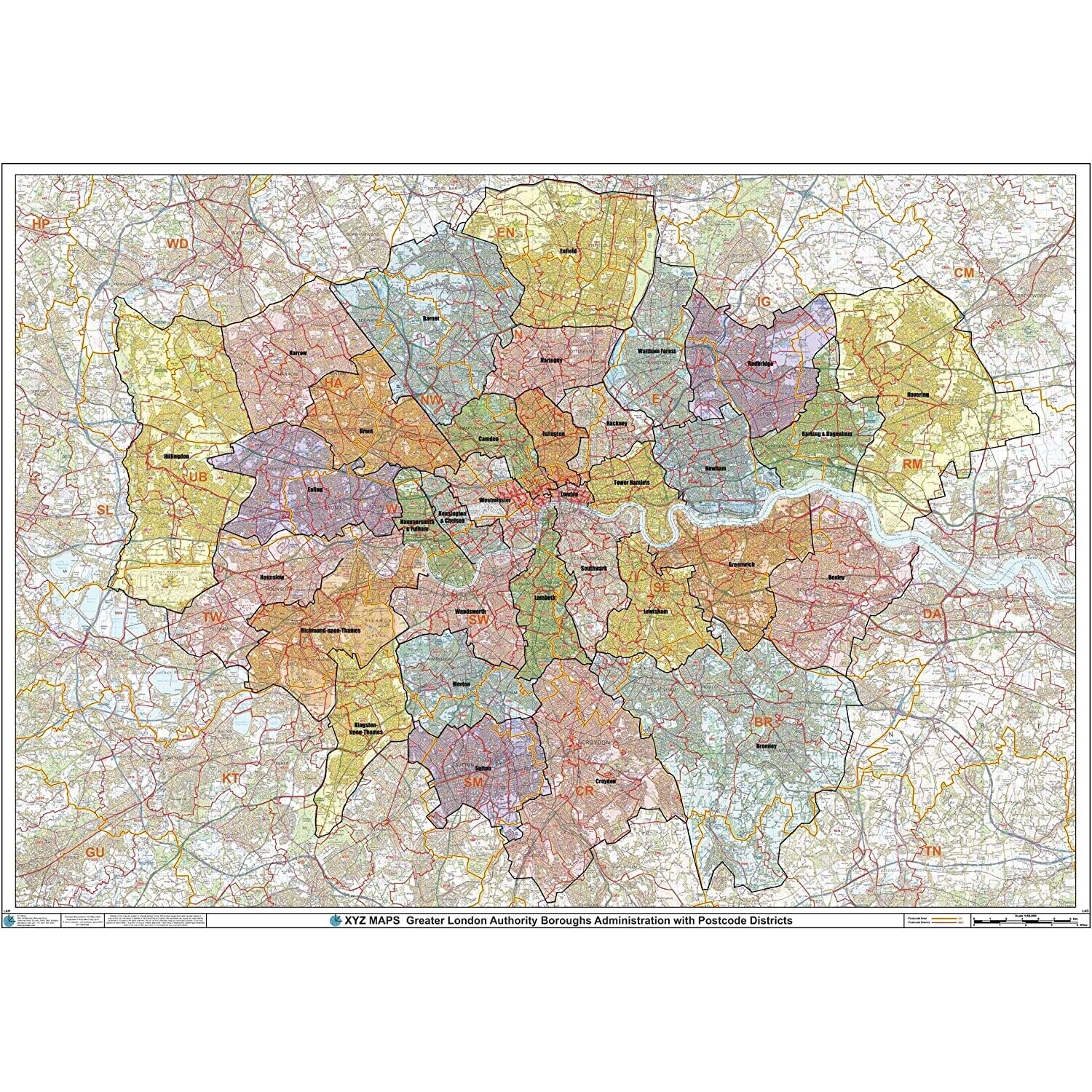 Greater London Authority Boroughs with Postcode Districts Wall Map - 47 ...
