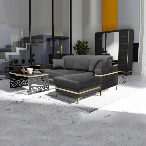 Gold Black Left Side Rence Ottoman Storage Plush Velvet Corner Sofa Bed