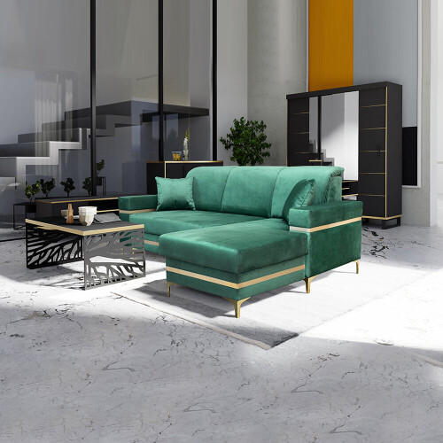 Green Gold Left Side Rence Ottoman Storage Plush Velvet Corner Sofa Bed