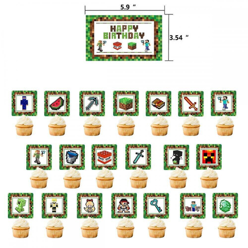 Pixel Theme Party Decorations Include Happy Birthday Cake Topper on OnBuy