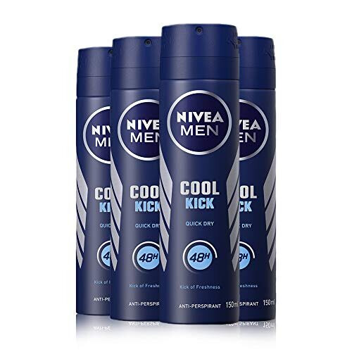 NIVEA MEN Cool Kick Anti-Perspirant Deodorant Spray Pack of 4 (4 x 150ml), Men's Anti-Perspirant ...