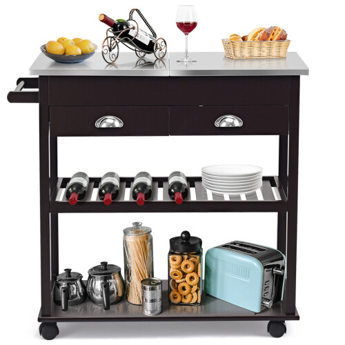 Kitchen Island Storage Trolley 3-Tier Buffet Serving Rolling Cart Brown ...
