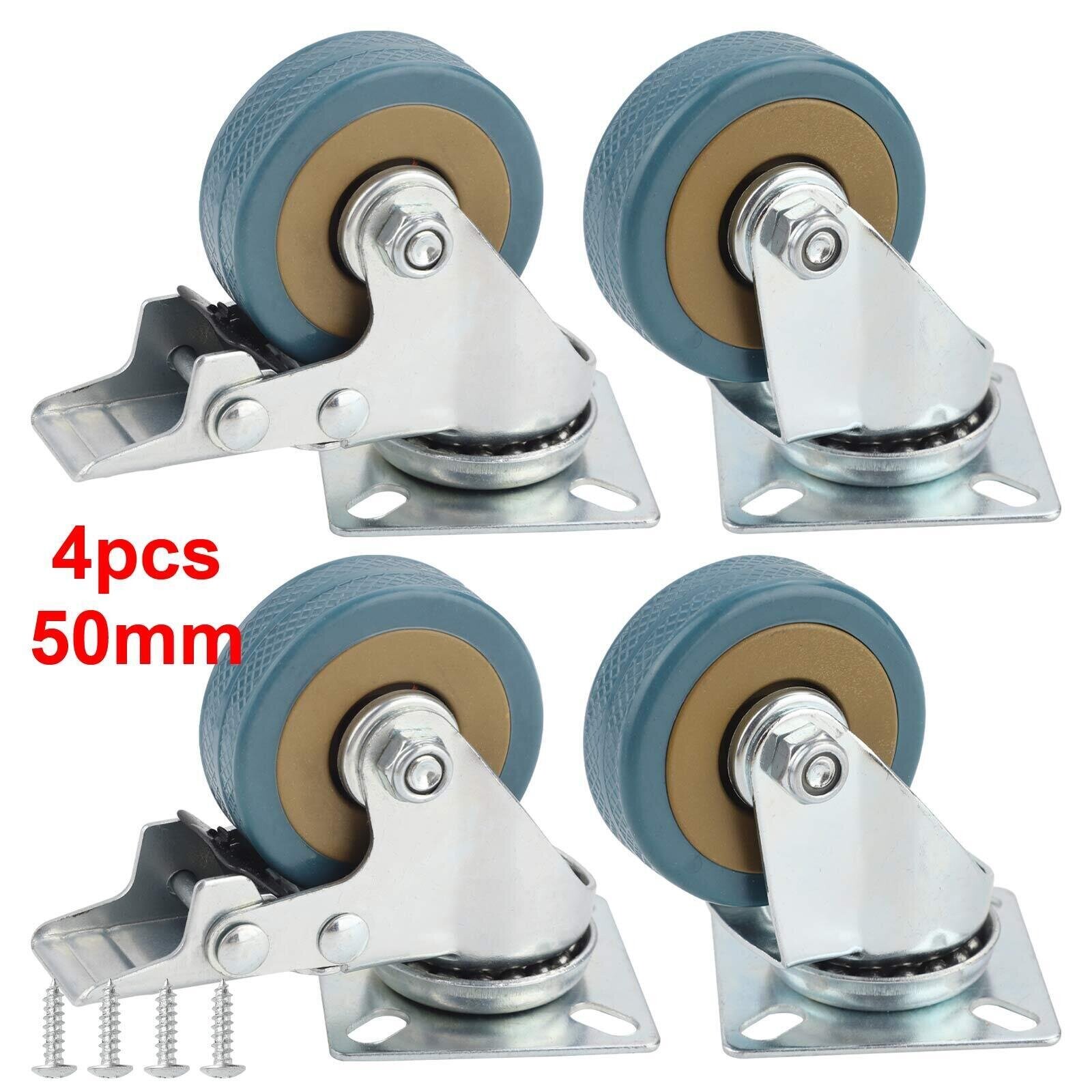 4x Heavy Duty 50mm Rubber Swivel Castor Wheels Furniture Caster Brake ...