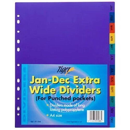 2 X Tiger Extra Wide A4 Dividers Jan-Dec Index Assorted Pack 1 Ref ...