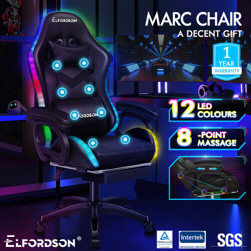 ELFORDSON Gaming Office Chair 12 RGB LED Massage Computer Seat Footrest Black on OnBuy
