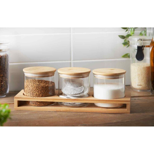 Set Of 3 Glass Tea Coffee Sugar Jars Canisters with Bamboo Stand Kitchen Storage on OnBuy