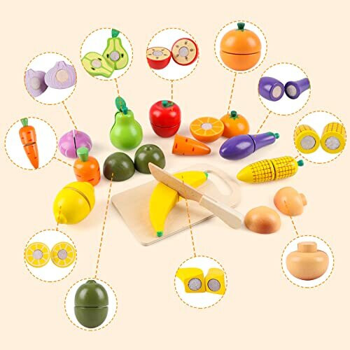 Wondertoys Wooden fruit Vegetables Cutting Set Wood Food Pretend Kitchen Playset Learning Toy ...