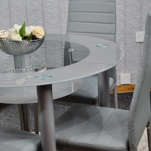 Round Grey Glass Kitchen Dining Table With Storage Shelf Chairs Set on ...