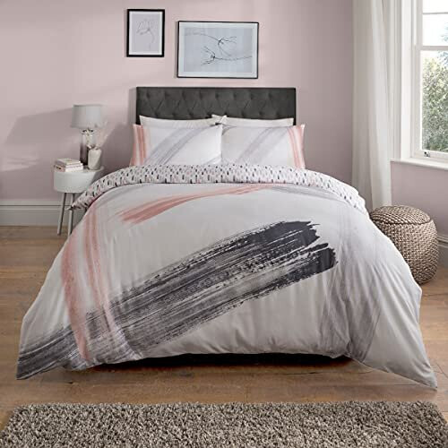 Sleepdown Abstract Brush Strokes White Blush Pink Charcoal Grey Reversible Duvet Cover Quilt and Pillow Cases Bedding Set Soft Easy Care Double on OnBuy