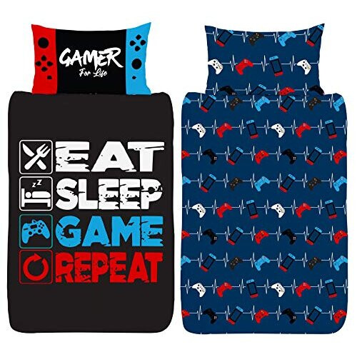 Gamer Single Duvet Cover - Eat Sleep Game Repeat Gaming Controller ...