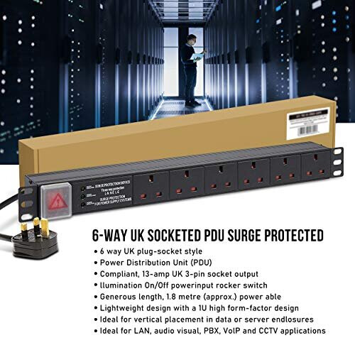 Dynamode 6 Way PDU Extension Lead- 13A Multi Plug Switched Power Distribution Unit (PDU) Rack ...
