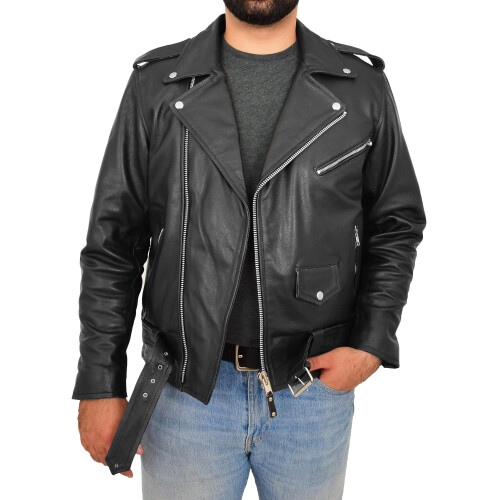 Mens Real Cowhide Biker Leather Jacket Rock Black on OnBuy