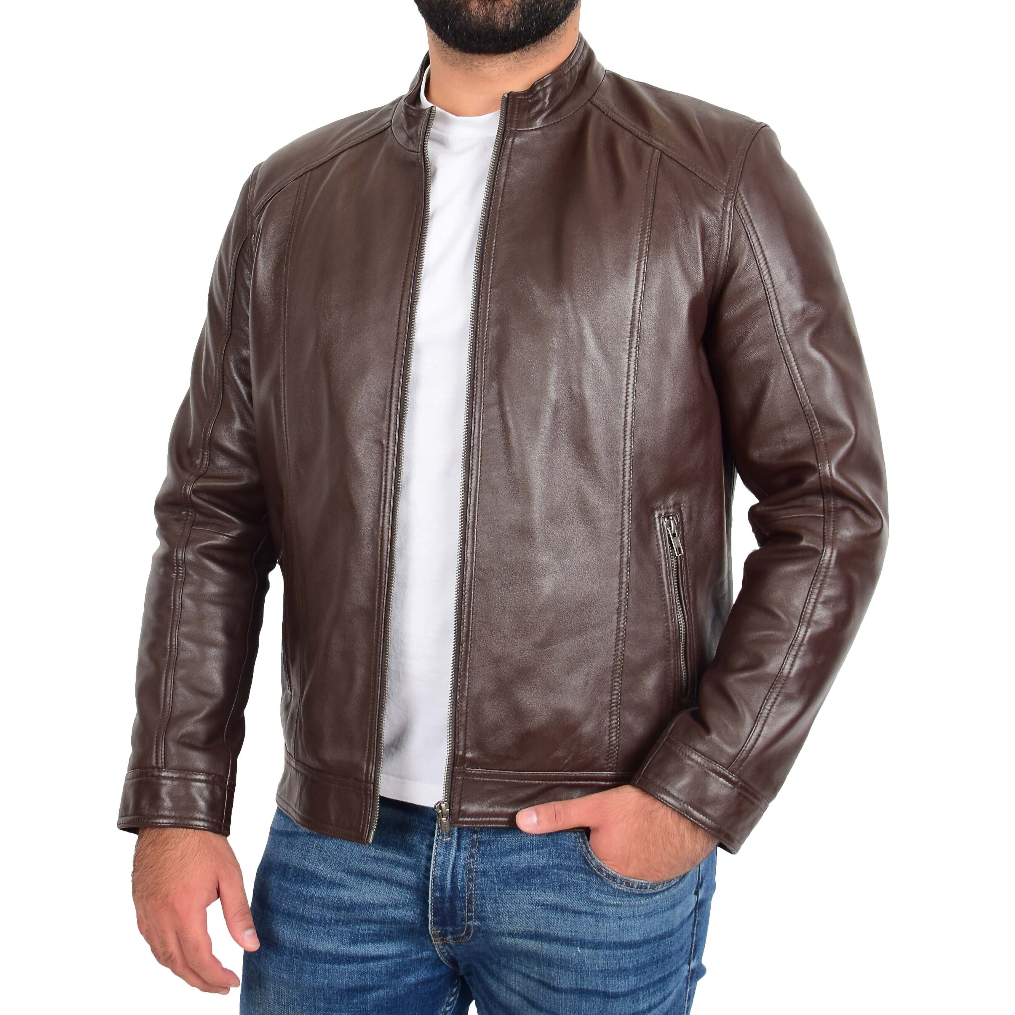 Mens Soft Brown Leather Casual Zip Fasten Jacket Nobel on OnBuy