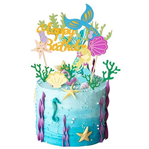 SULOLI Mermaid Cake Topper,7 Pieces Birthday Cake Decorations with ...