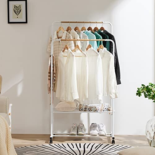 YOUDENOVA Clothes Rail on Wheels Clothes Rack Double Hanging Rails for ...