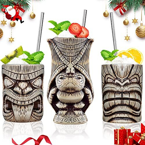 Ceramic Tiki Glasses Cocktail Glasses Tiki Mugs Set of 3 Exotic Tiki ...