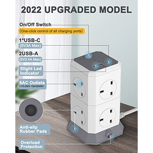 Tower Extension Lead, 8 Way Outlets Surge Protected Extension Tower ...