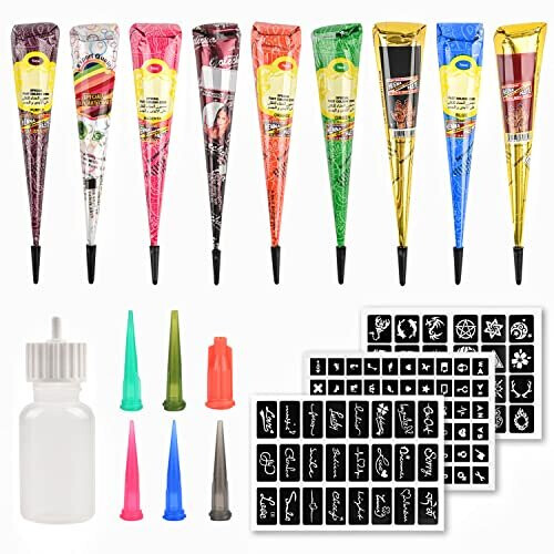 YUXUAN Temporary Tattoo Kit, 9 Colors Temporary Tattoos Paste Cone, 108 ...