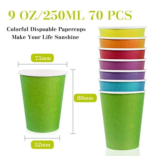 70PCS Paper Cups, ENSINE Rainbow Party Cups 7 Colors, 9 Ounce Paper ...
