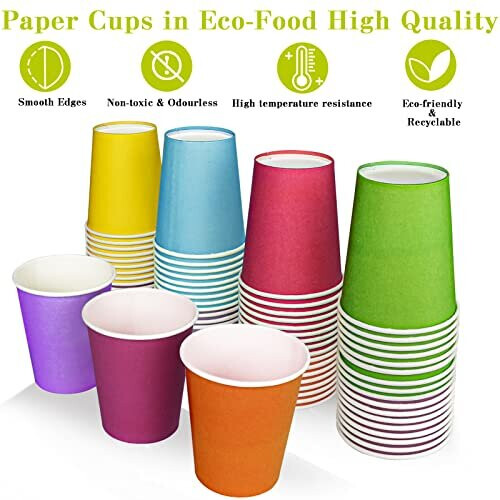 70PCS Paper Cups, ENSINE Rainbow Party Cups 7 Colors, 9 Ounce Paper ...