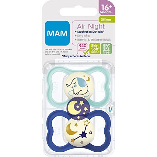 MAM Air Night Silicone Dummy Set of 2, Tooth-Friendly and Luminous Baby ...