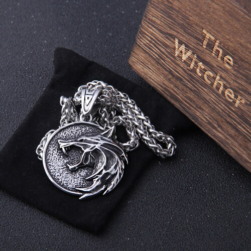 (Silver Rough, 50 cm) Witcher Medallion & Amulet - Witch Wolf Pedant ...