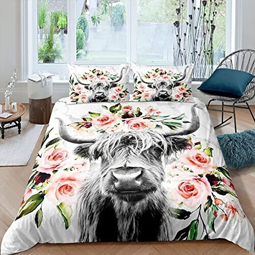 Highland Cow Flower Duvet Cover Super King Size Bull Cattle Bedding Set Bedroom Decorative ...