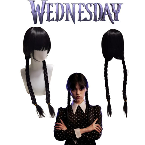 Wednesday Addams Family Wig Cosplay Long Black Braids Hair with Bangs ...