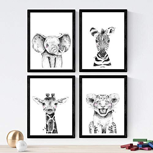 Nacnic Set of 4 Black & White Animals Posters. Portrait Style wall ...