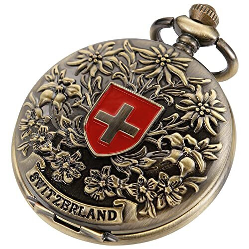 Tiong Vintage Mechanical Pocket Watch with Chain Bronze Edelweiss ...