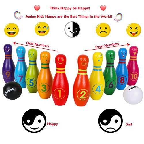 TOWO Wooden Skittles for Children - Wooden Skittle Set with Facial ...