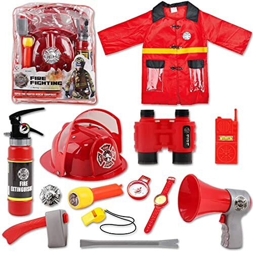 deAO Washable Fireman Costume Set with 13 Fire Fighter Toy Accessories ...